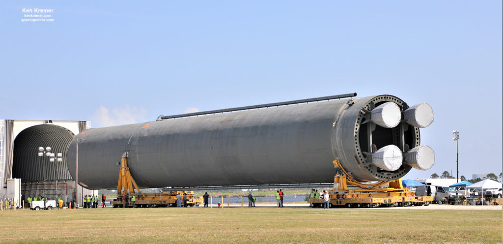 SLS Core Stage Mock-up Offloaded from Pegasus Barge for KSC VAB Testing ...