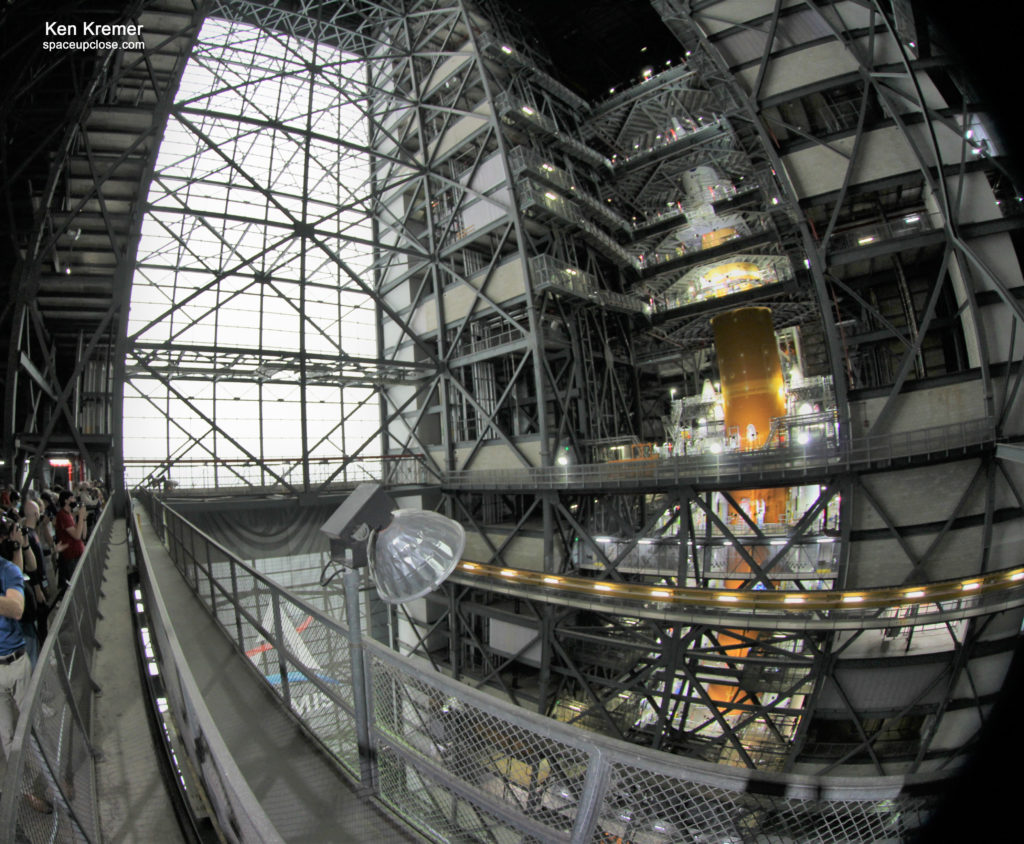 SLS Unveiled in VAB as NASA Retracts Last Work Platforms Ahead of KSC ...