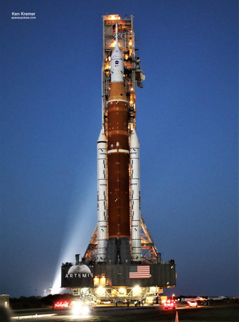 Maiden NASA SLS Mega Moon Rocket Rolls out to KSC Launch Pad for ...